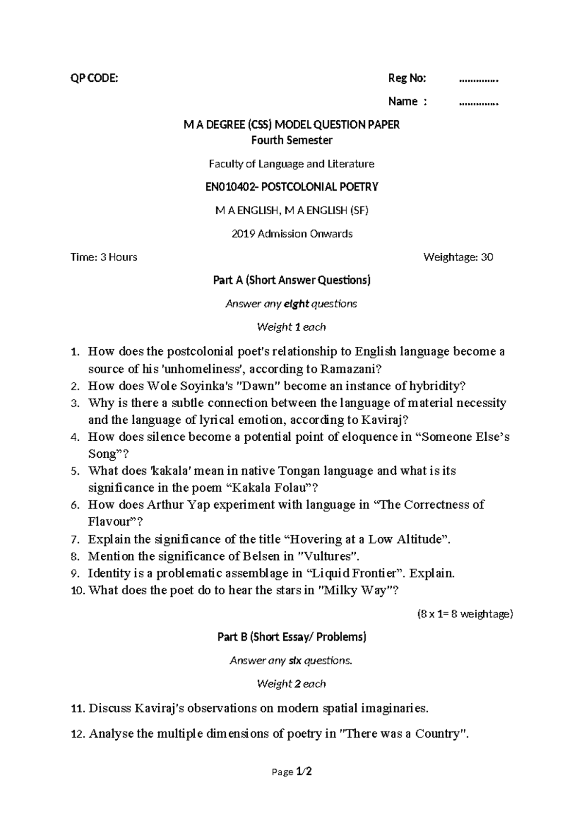 Model question paper template-Po Co Poetry - QP CODE: Reg No ...