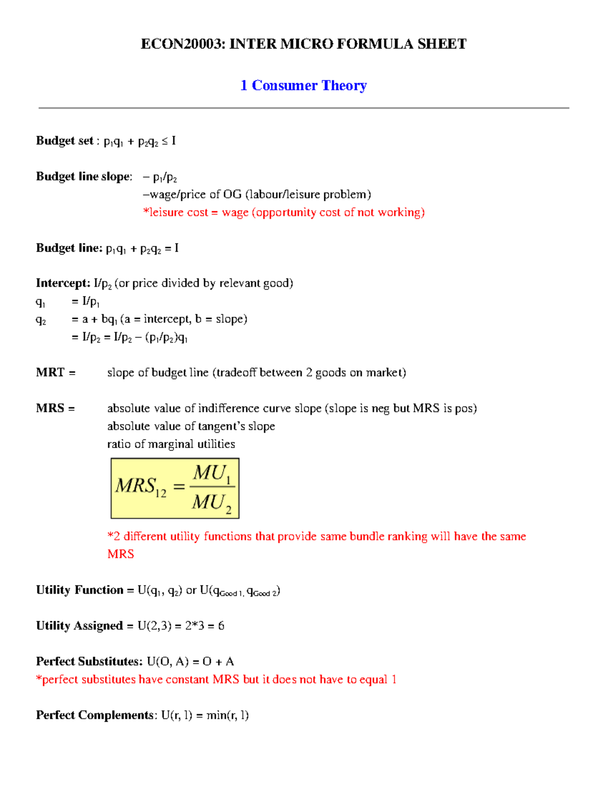 Inter-Micro-Formulas - ECON20003: INTER MICRO FORMULA SHEET 1 Consumer ...