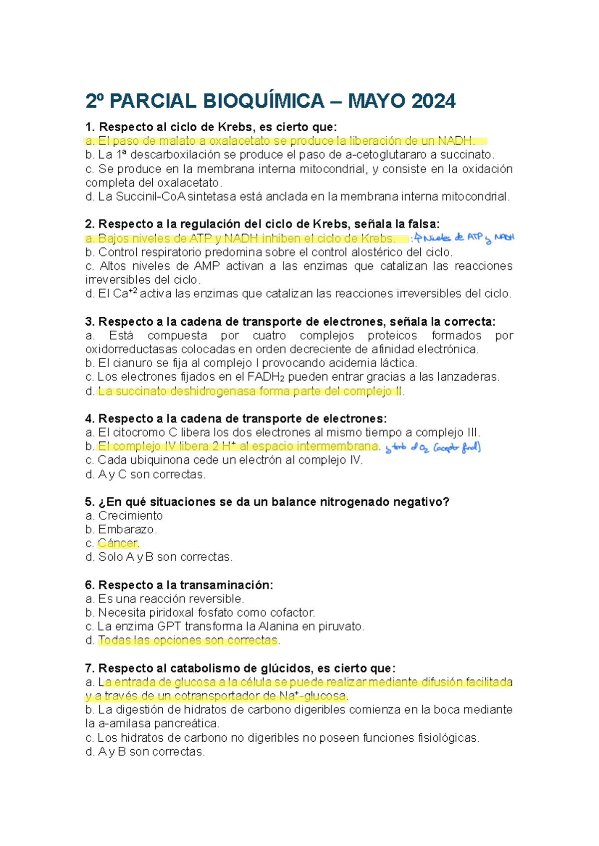 BioquíMICA - 2º Parcial 2024 - Mayo - 2º PARCIAL BIOQUÍMICA – MAYO 2024 Respecto al ciclo de ...