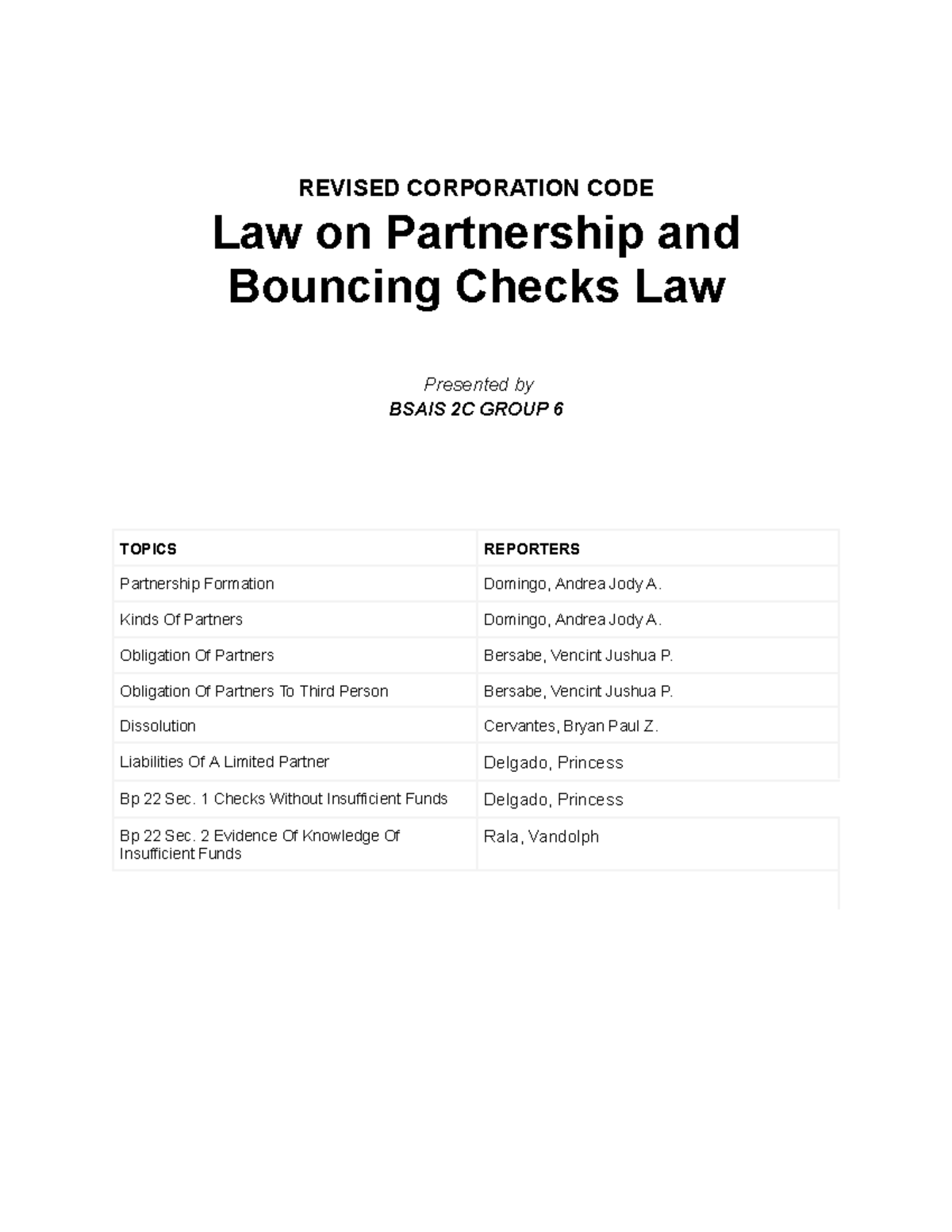 LAW 6 - addtional infos - REVISED CORPORATION CODE Law on Partnership ...