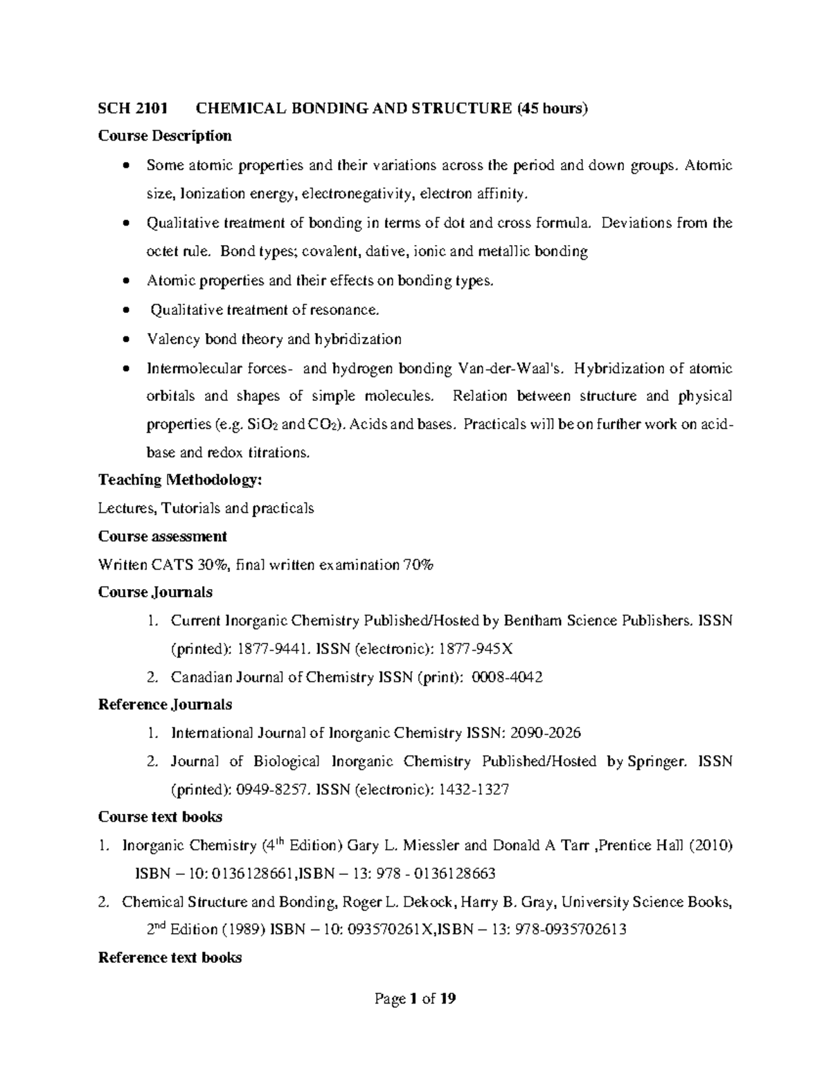 Introduction to chemical bonding - SCH 2101 Course Description CHEMICAL ...