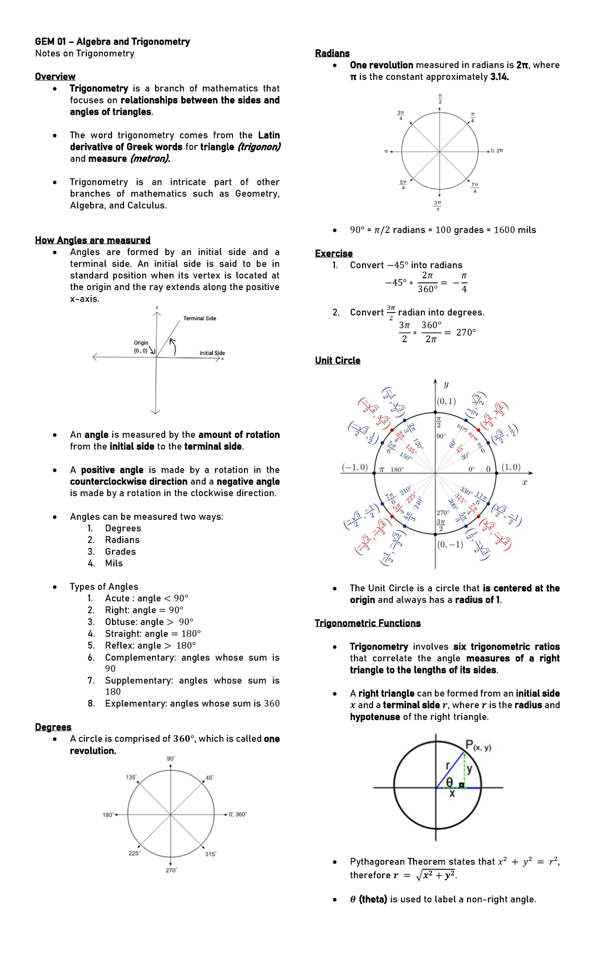 Notes - Plane Trigonometry - GEM 01 – Algebra and Trigonometry Notes on ...