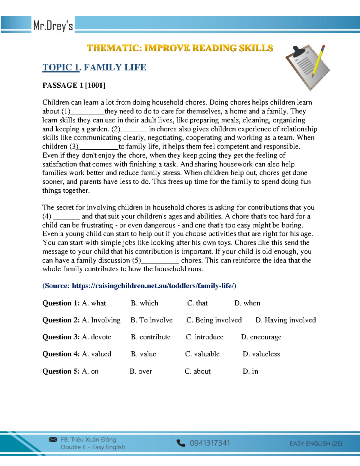 1 Reading Family LIFE ĐỌC ĐIỀN - TOPIC 1. FAMILY LIFE PASSAGE 1 [1001 ...