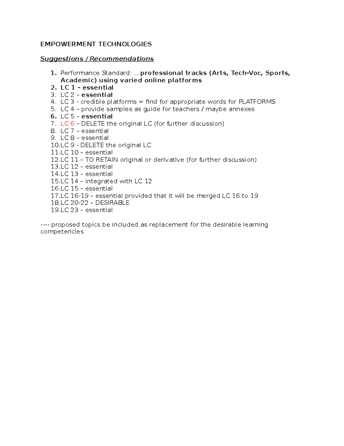 Emp Tech Suggestions Recommendations - EMPOWERMENT TECHNOLOGIES ...