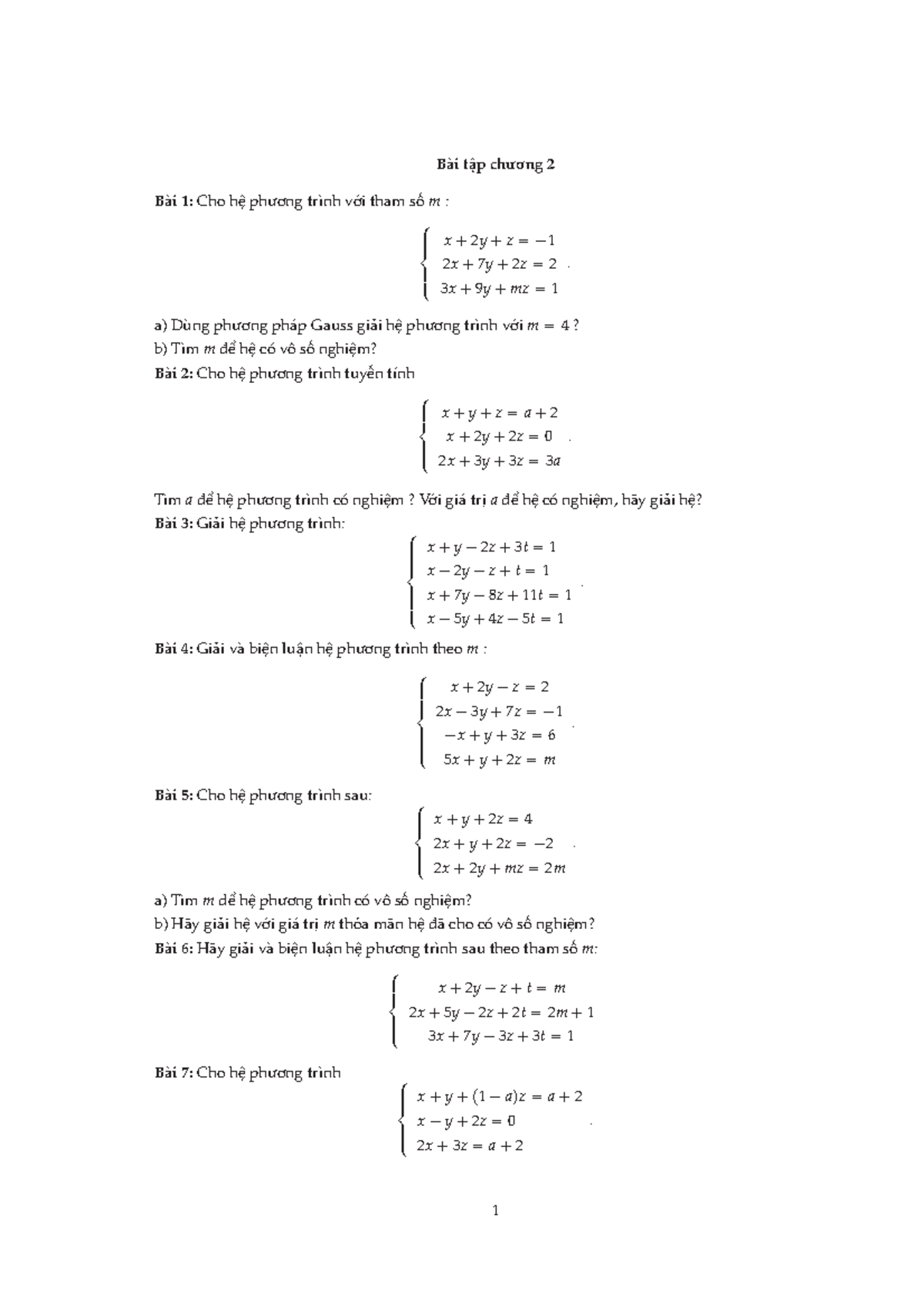 Toan CC1 BT Chuong 2 - Bài tập chương 2 Bài 1: Cho hệ phương trình với tham số m : x + - Studocu