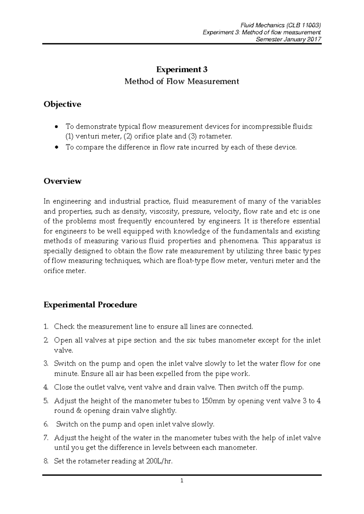 CLB11003 EXP 3 - lab - Experiment 3: Method of flow measurement Semester January 2017 Experiment ...