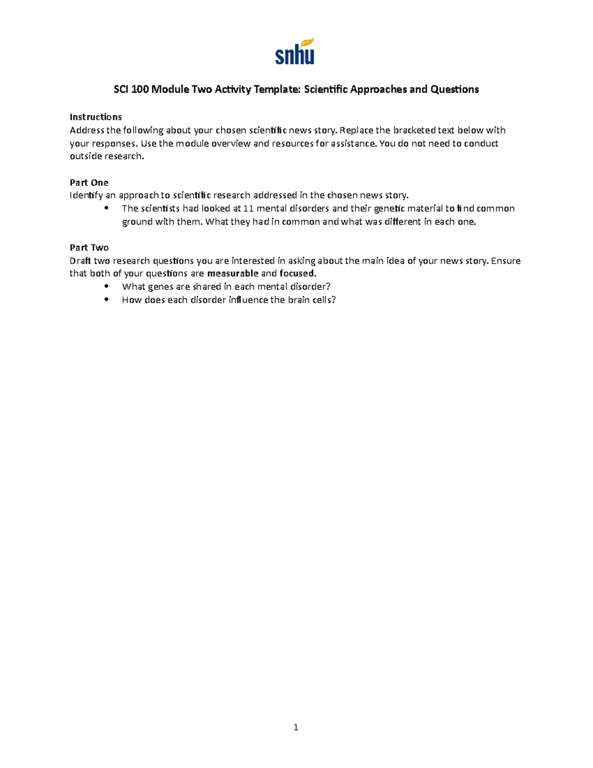 SCI 100 Module Two Activity Template - Replace the bracketed text below with your responses. Use ...