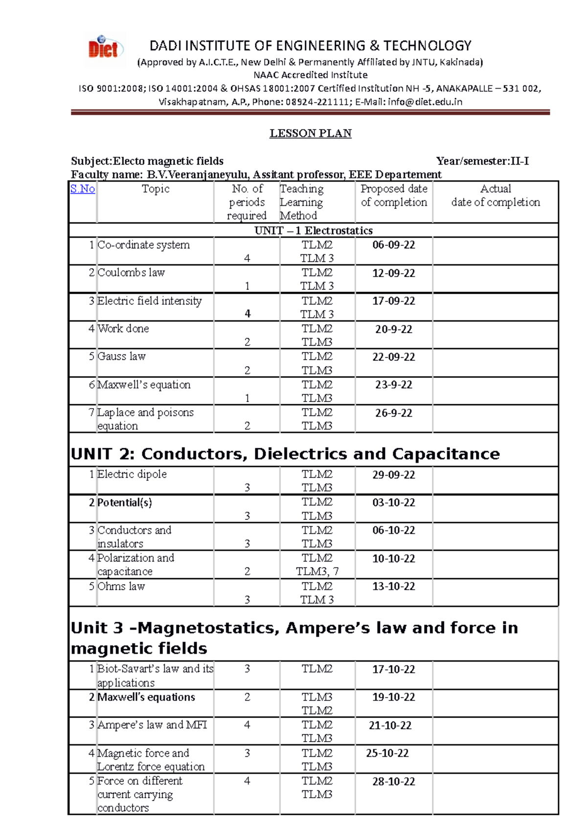 EMF Lesson PLAN -R20 - DADI INSTITUTE OF ENGINEERING & TECHNOLOGY ...