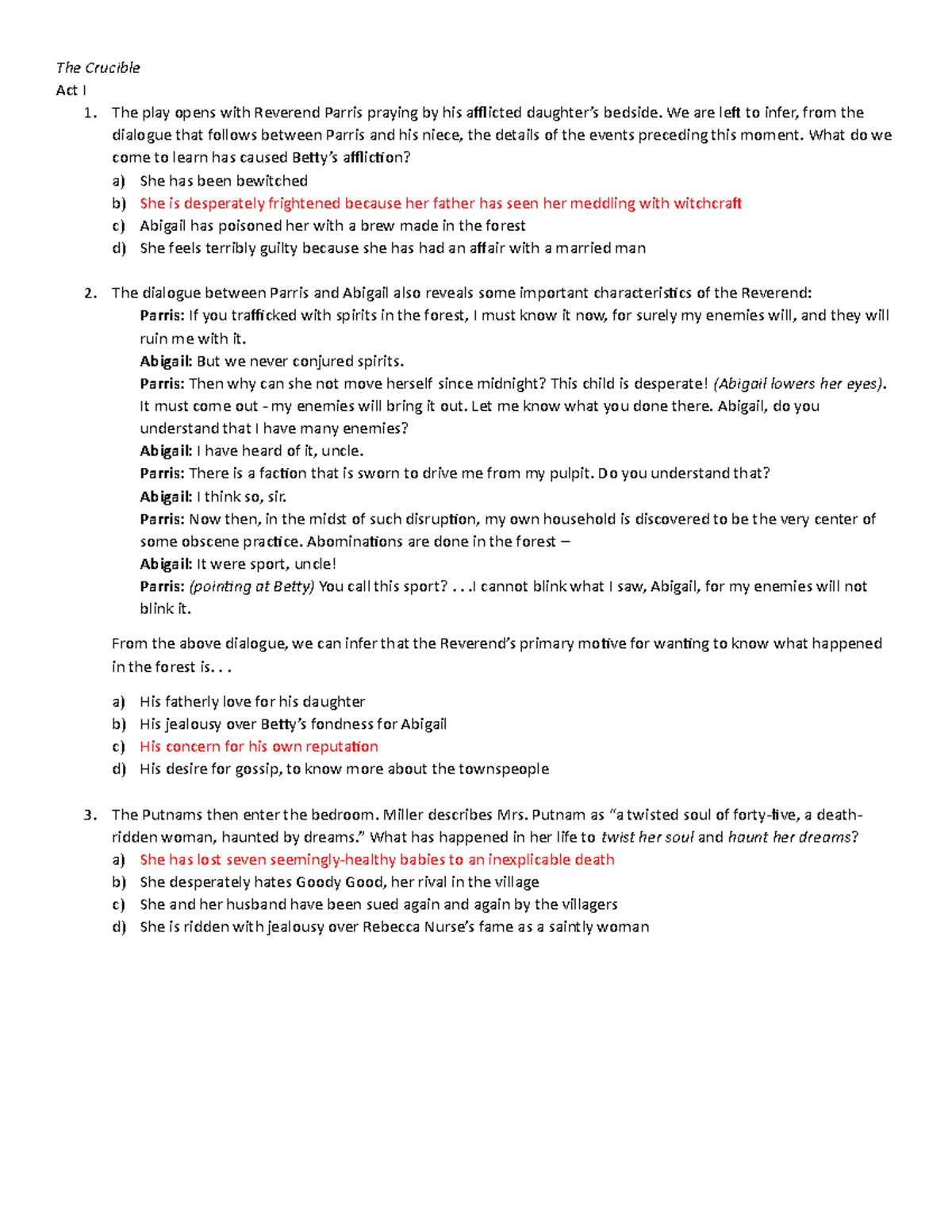 Answer Key The Crucible Test - The Crucible Act I 1. The play opens ...