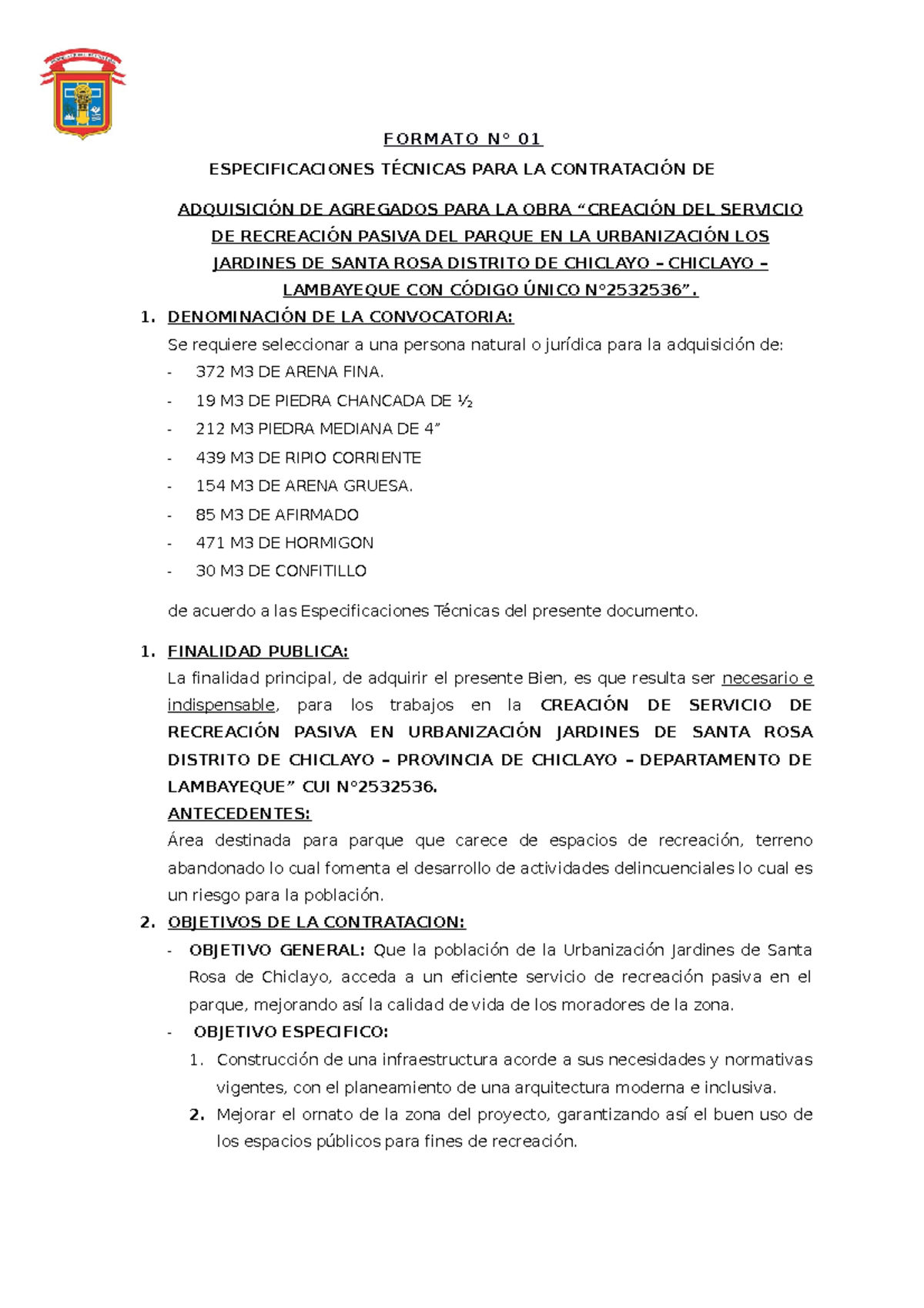TDR Agregados - Ficha tecnica - FORM ATO N ° 0 1 ESPECIFICACIONES ...