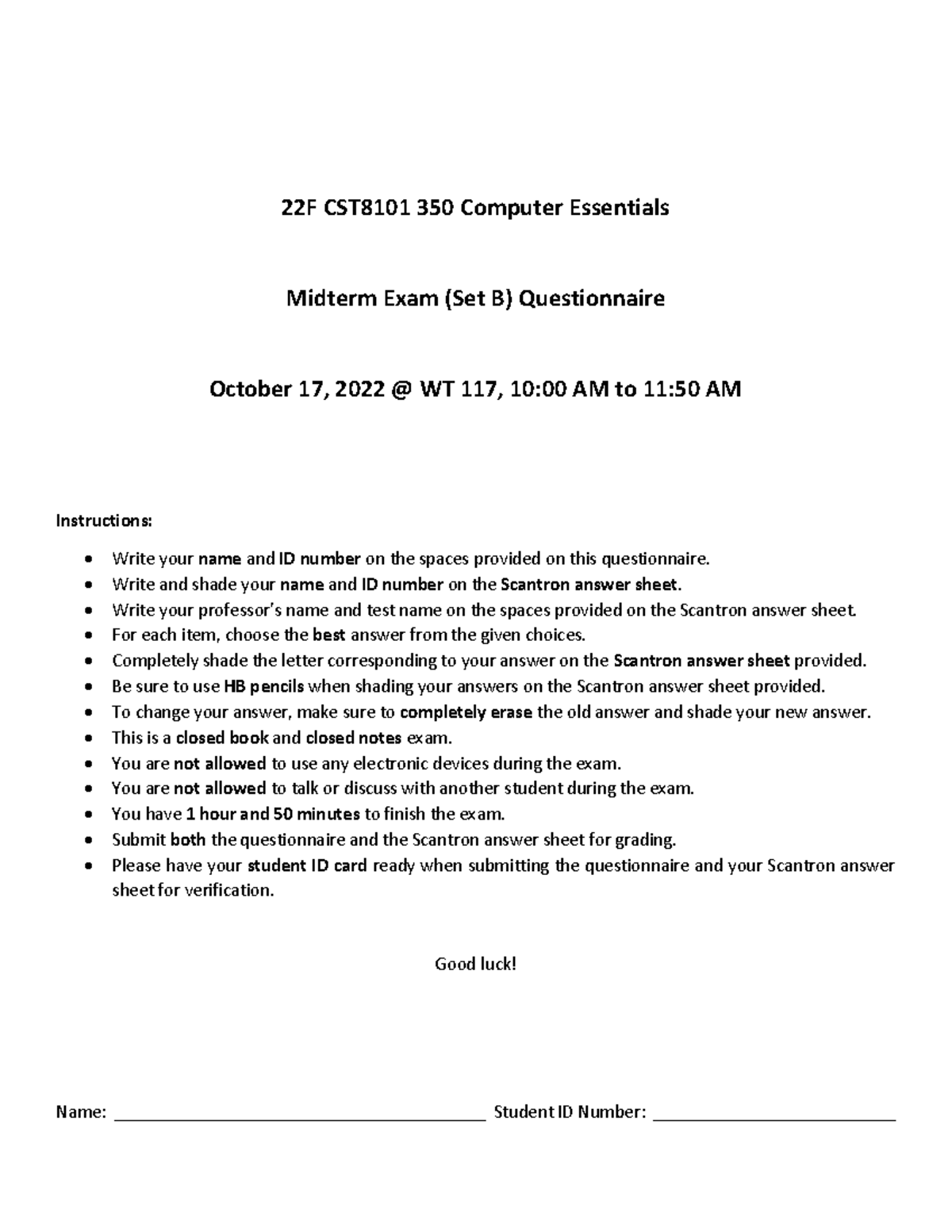 22F CST8101 Computer Essentials Midterm Exam no Answer Sheet Set B With ...