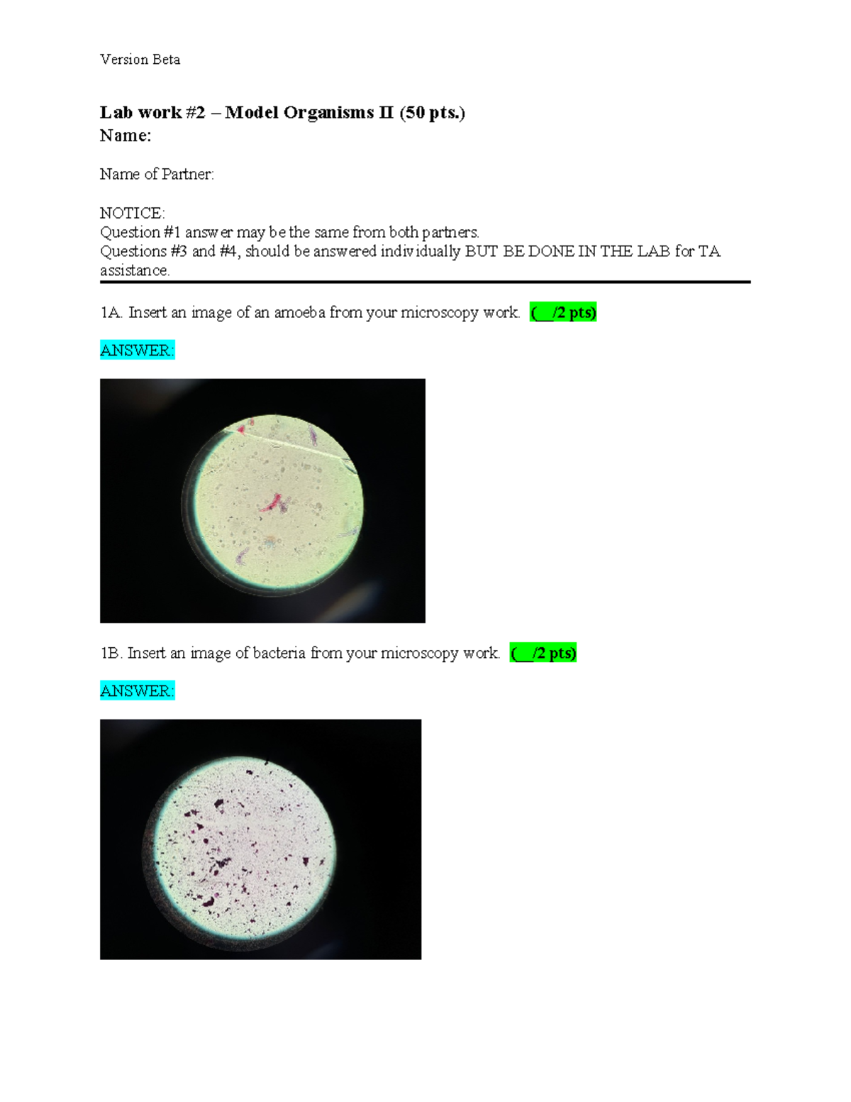 Lab Assignment 02 - Lab work #2 – Model Organisms II (50 pts.) Name: Name of Partner: NOTICE ...