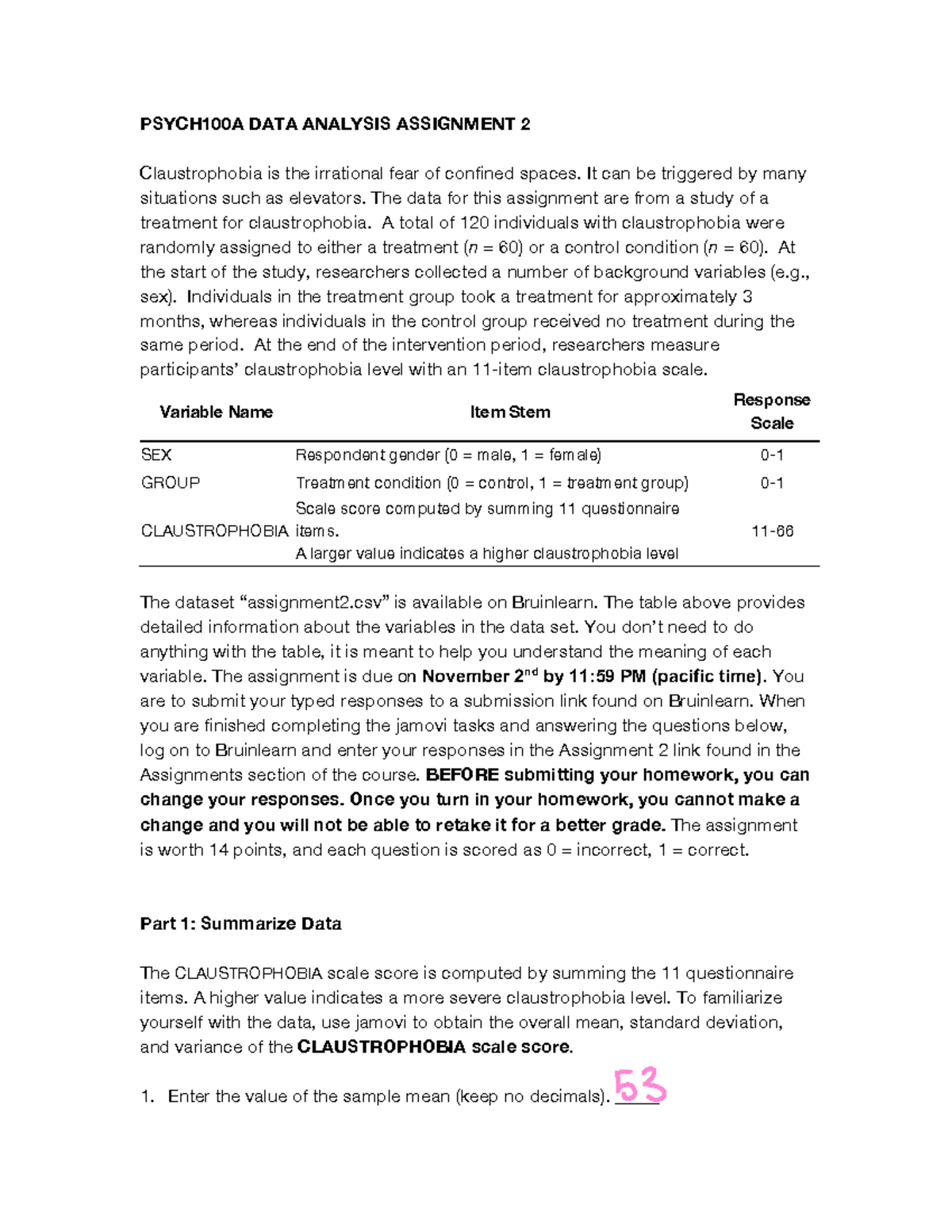 Assignment+2+ - Han Du - PSYCH100A DATA ANALYSIS ASSIGNMENT 2 Claustrophobia is the irrational ...
