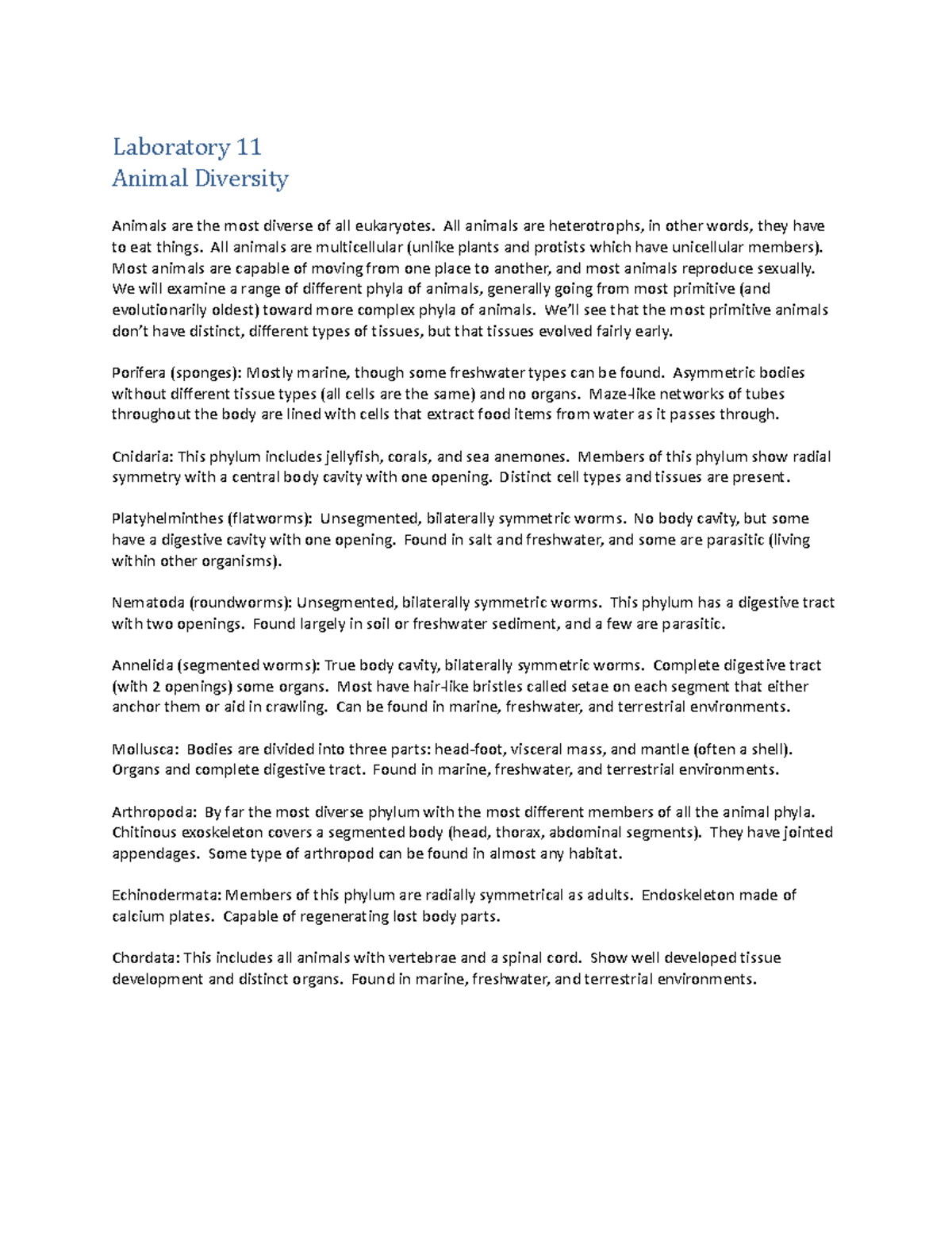 BIOL 100 Lab 11 - Animal Diversity - Laboratory 11 Animal Diversity ...