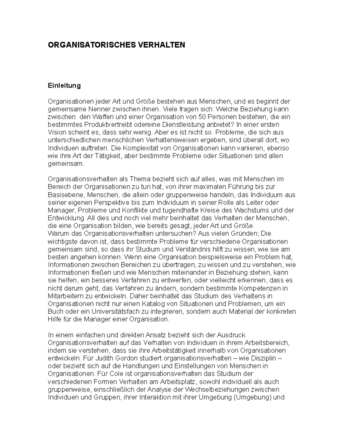 Organisatorisches verhalten - ORGANISATORISCHES VERHALTEN Einleitung ...
