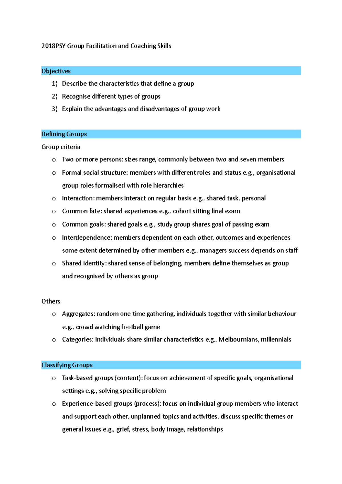 2018 PSY Week 1 - Week 1 module notes - 2018PSY Group Facilitation and ...