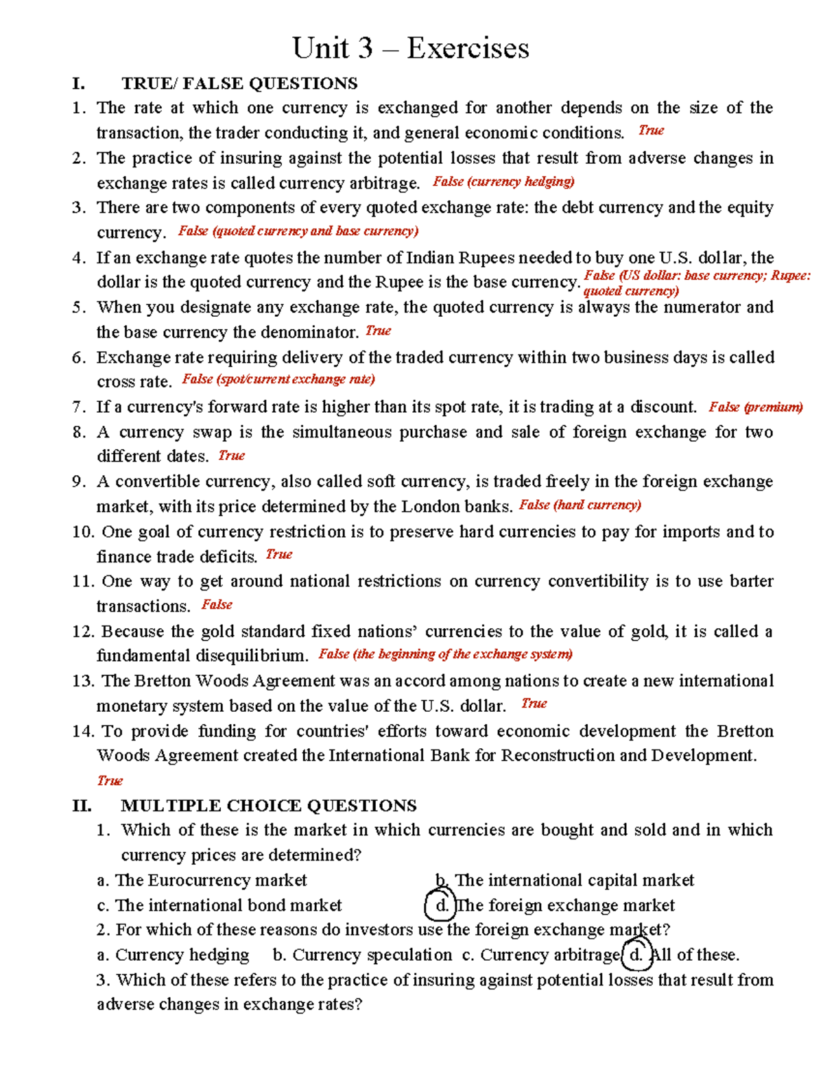 Unit 3 - Exercises to sts - Unit 3 – Exercises I. TRUE/ FALSE QUESTIONS ...