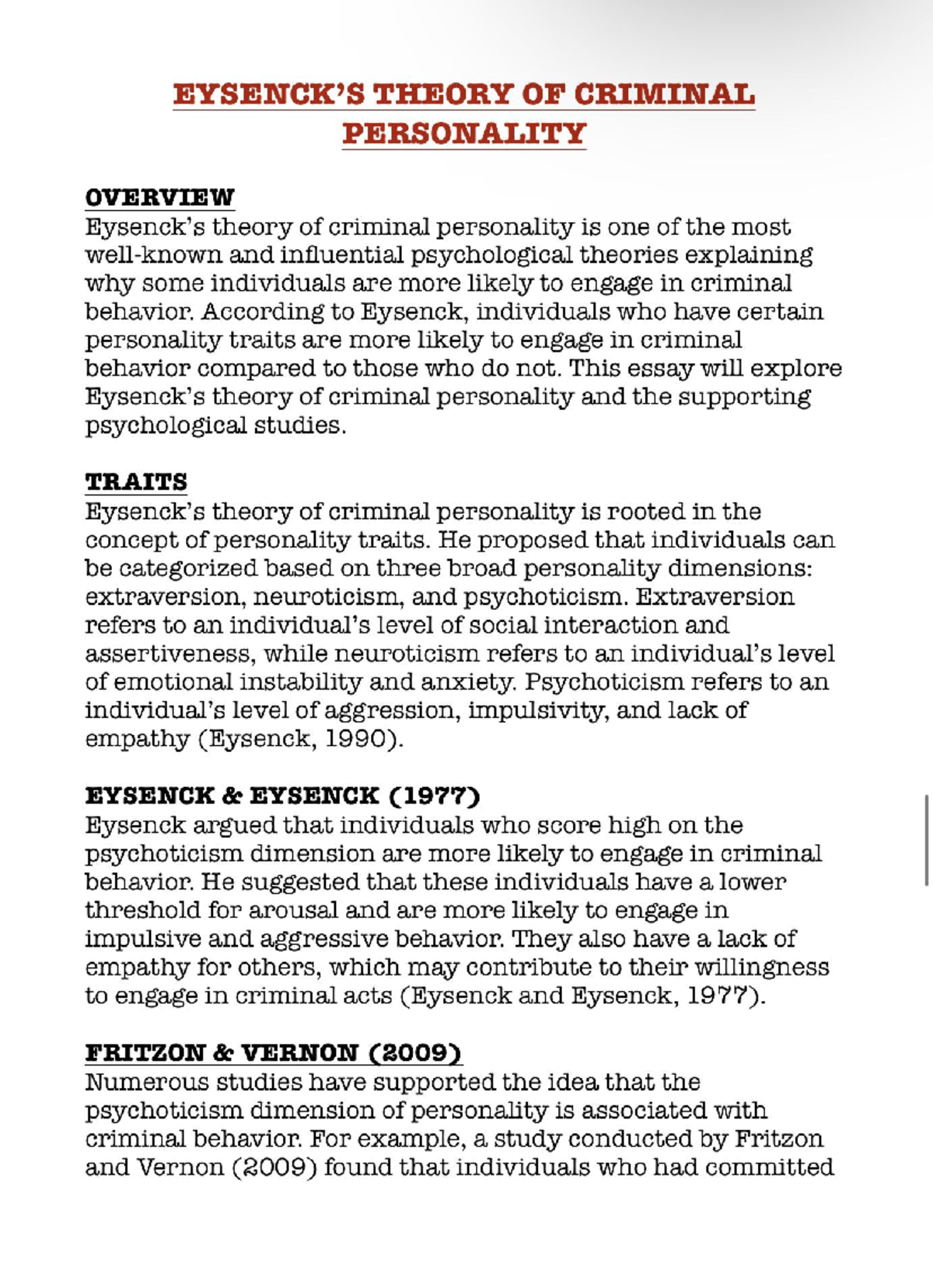 Summary: Eysenck’s Theory of Criminal Personality - 8675 - Studocu