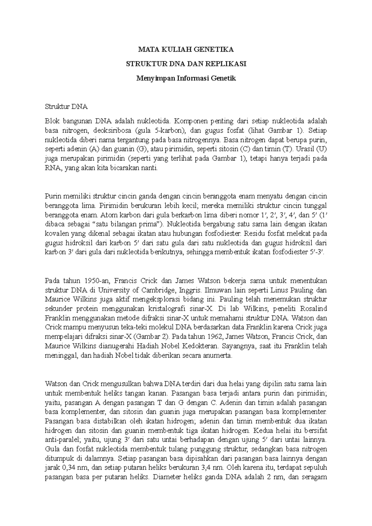 Genetika - Struktur DNA DAN Replikasi - MATA KULIAH GENETIKA STRUKTUR ...