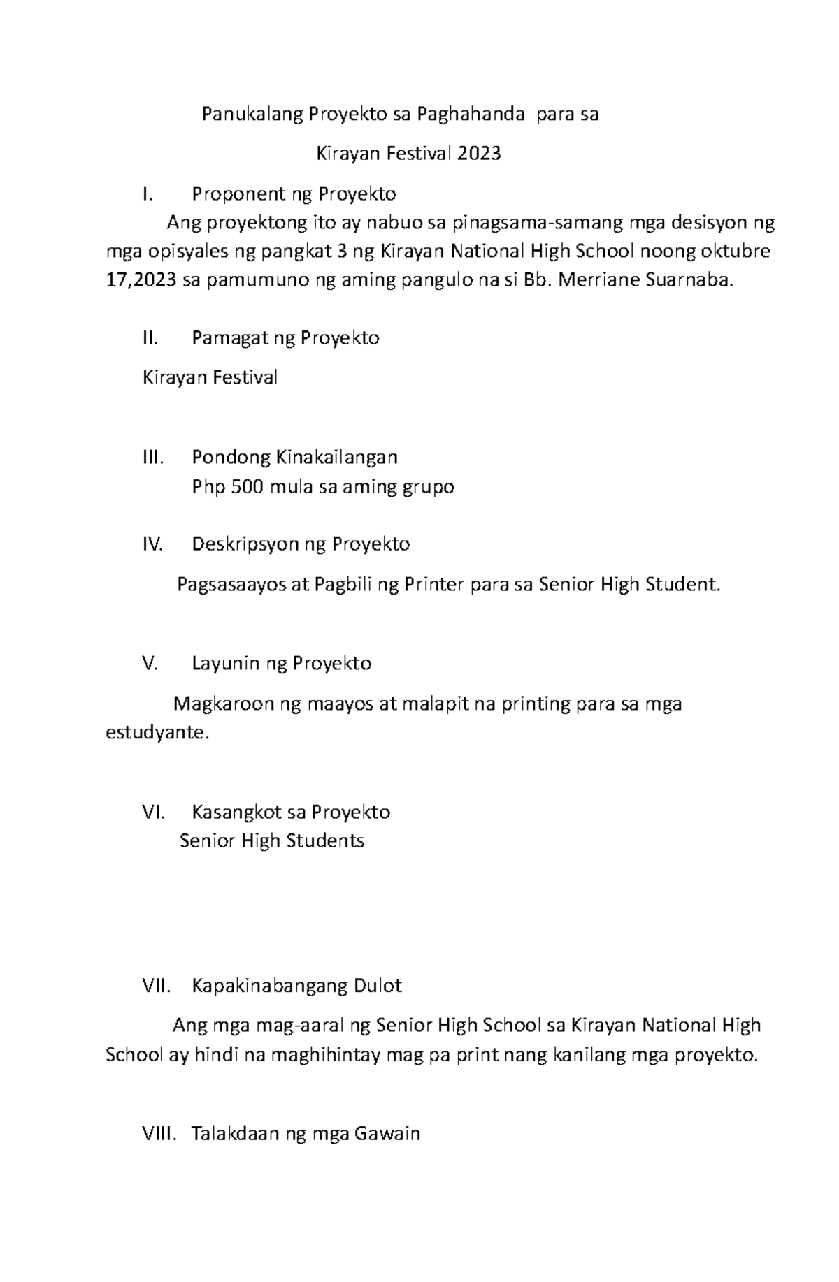 Panukalang-proyekto - PROYEKTO - Panukalang Proyekto sa Paghahanda para ...