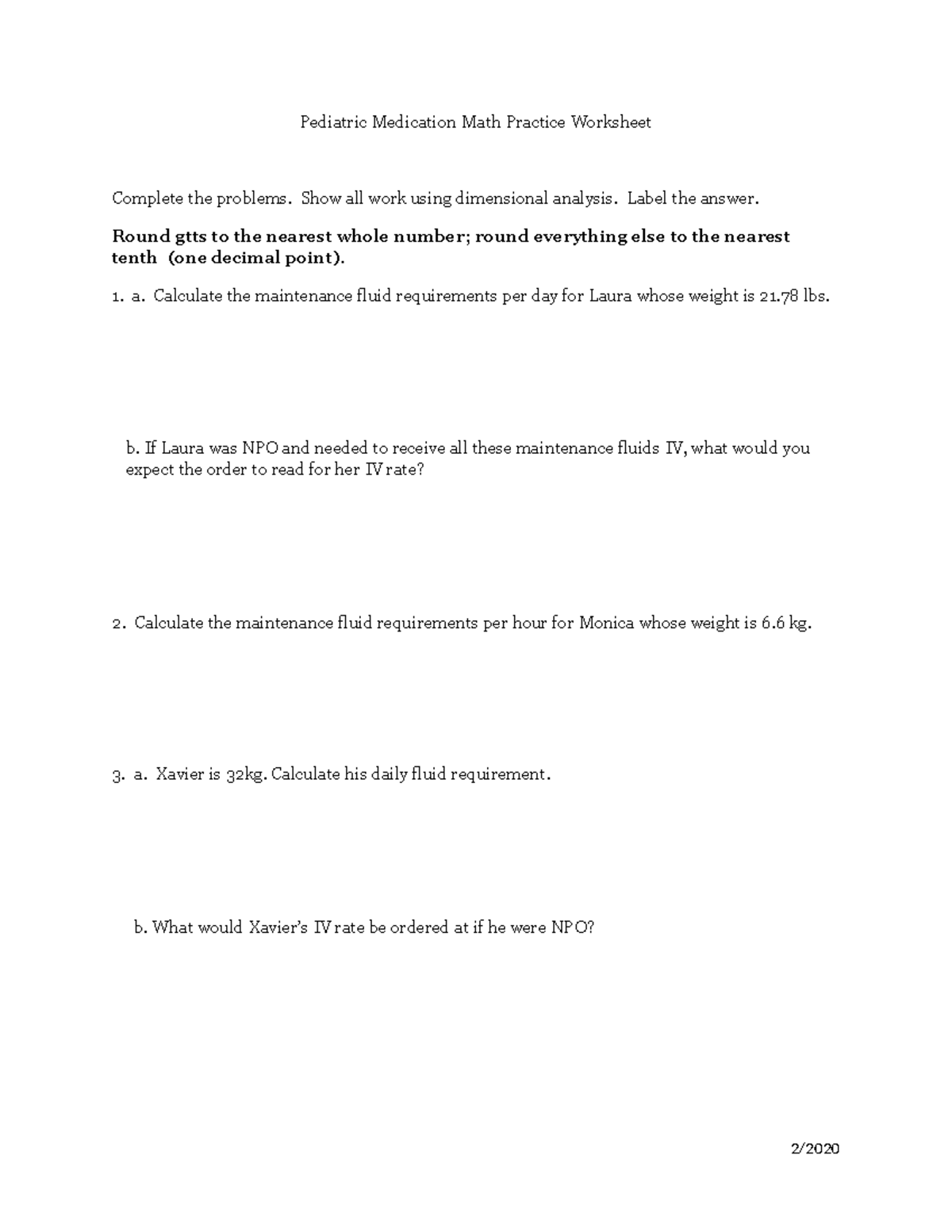 Pediatric Medication Math Practice Worksheet - Student Version ...