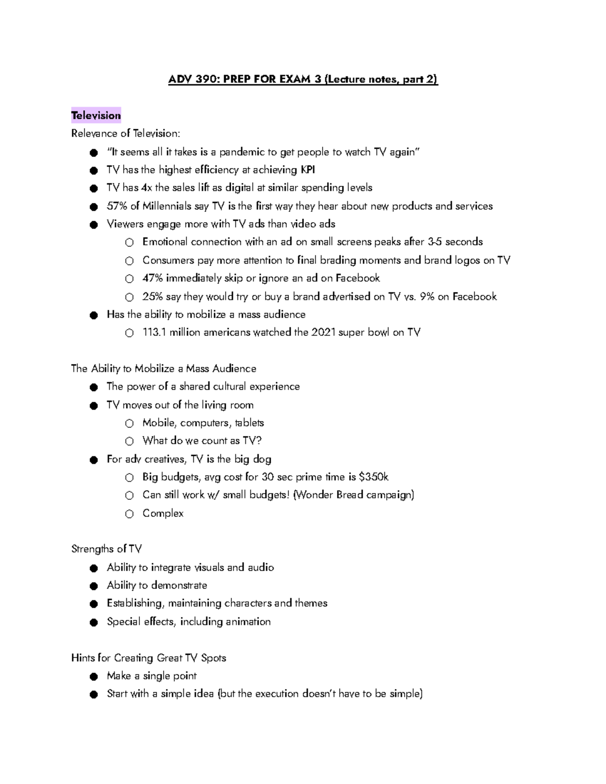 ADV 390 EXAM 3 PREP: Part 2 - ADV 390: PREP FOR EXAM 3 (Lecture notes ...