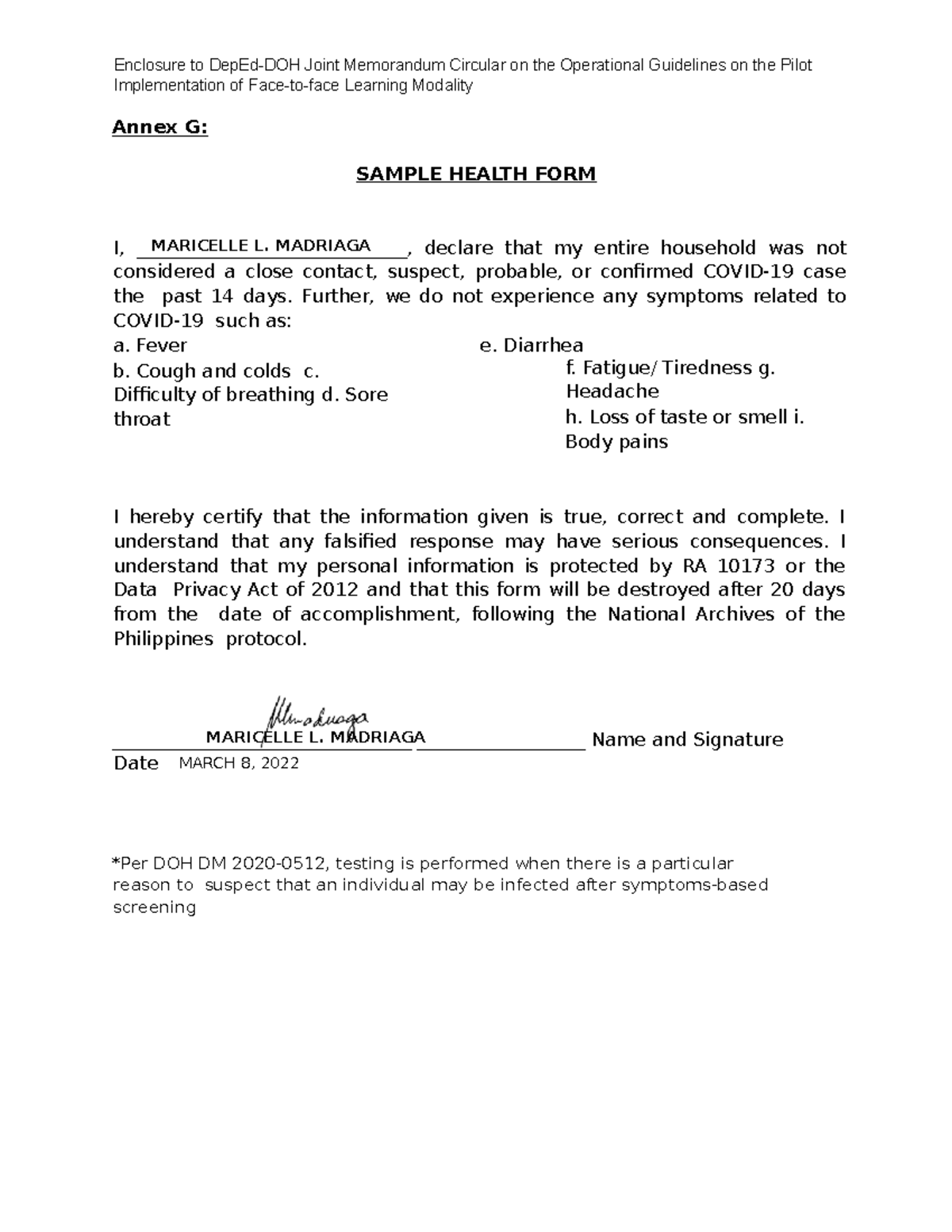 Health Declaration Form - Enclosure to DepEd-DOH Joint Memorandum ...