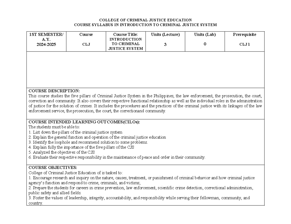 CJS Syllabus 1 - COLLEGE OF CRIMINAL JUSTICE EDUCATION COURSE SYLLABUS ...