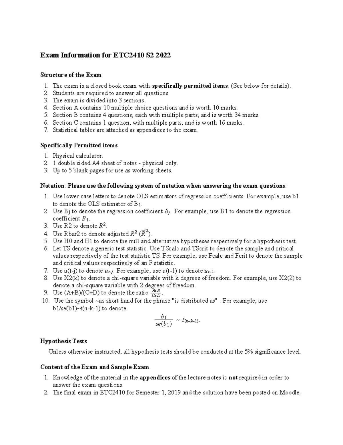 Exam Information 2022 - Exam Information for ETC2410 S2 2022 Structure ...