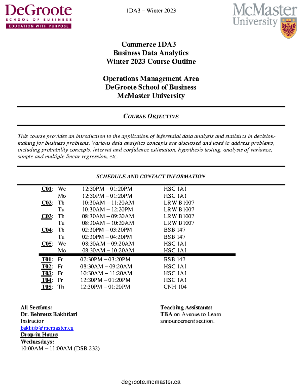 Commerce 1DA3 Course Outline - Winter 2023-2 - Commerce 1DA Business ...