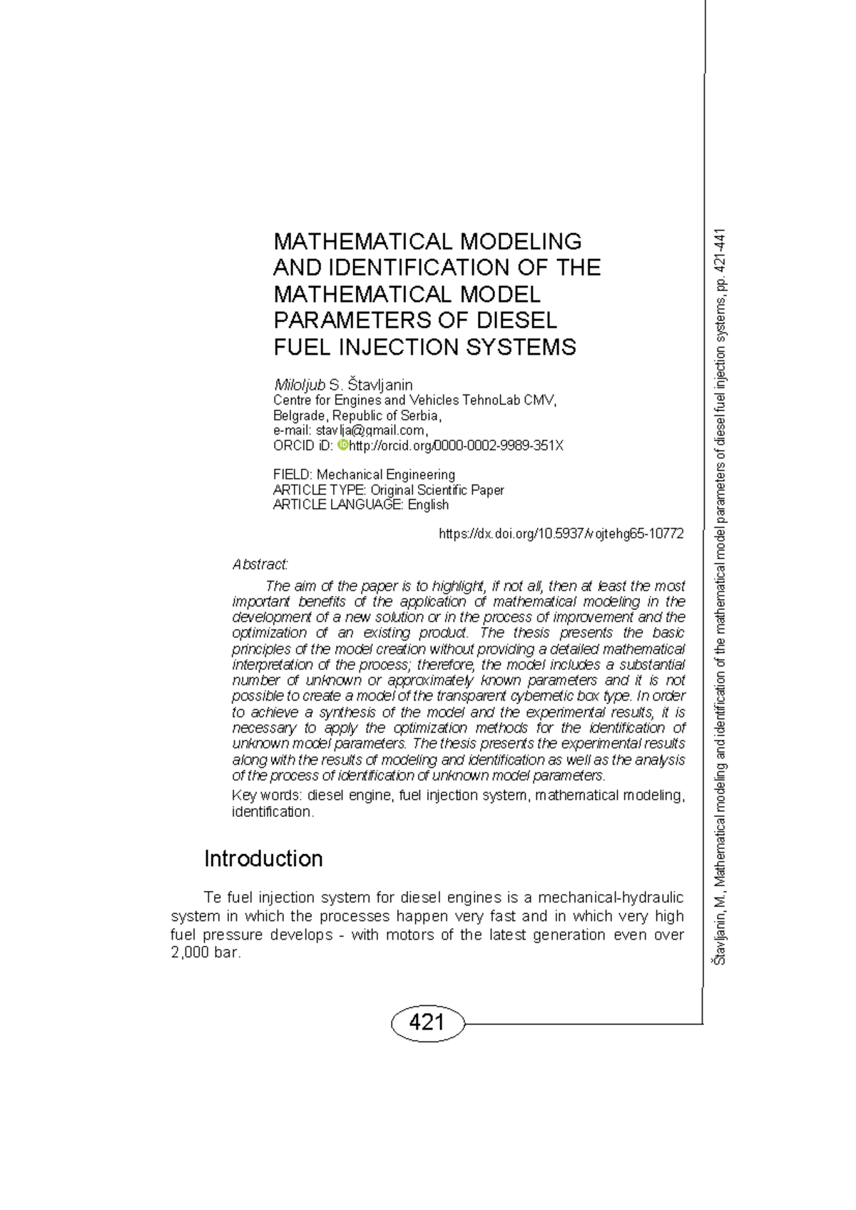 Mathematical Modeling - Štavljanin, M., Mathematical modeling and identification of the ...