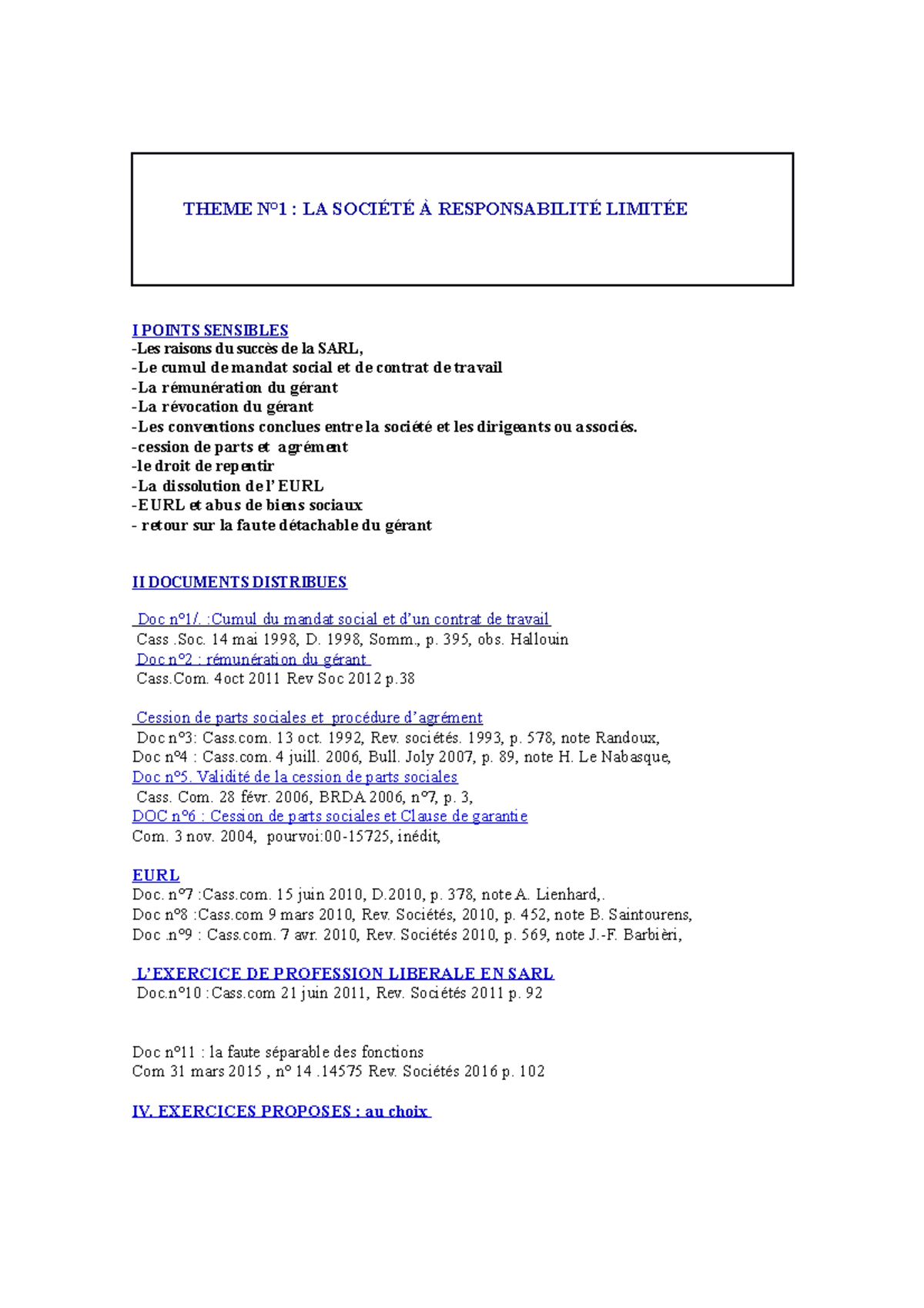 Fiche 1 LA SARL - Correction SARL - THEME N°1 : LA SOCIÉTÉ À ...