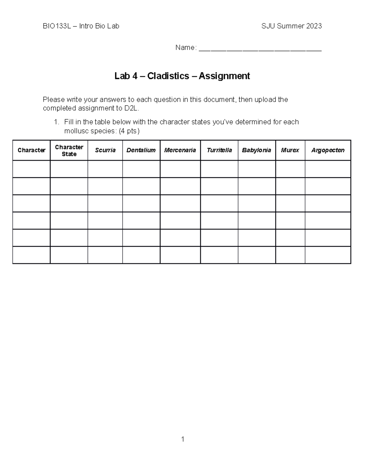Lab 4 - Cladistics assignment - BIO133L – Intro Bio Lab SJU Summer 2023 ...