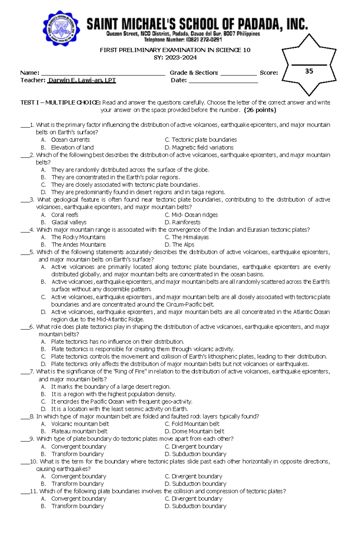 1. Science 10 - First Preliminary Examination - FIRST PRELIMINARY ...