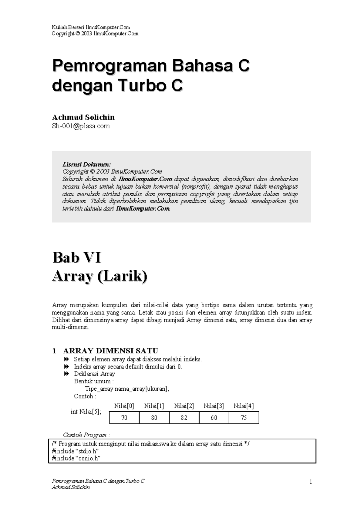 Modul Bab 6 array - Copyright © 2003 IlmuKomputer Pemrograman Bahasa C dengan Turbo C 1 P - Studocu