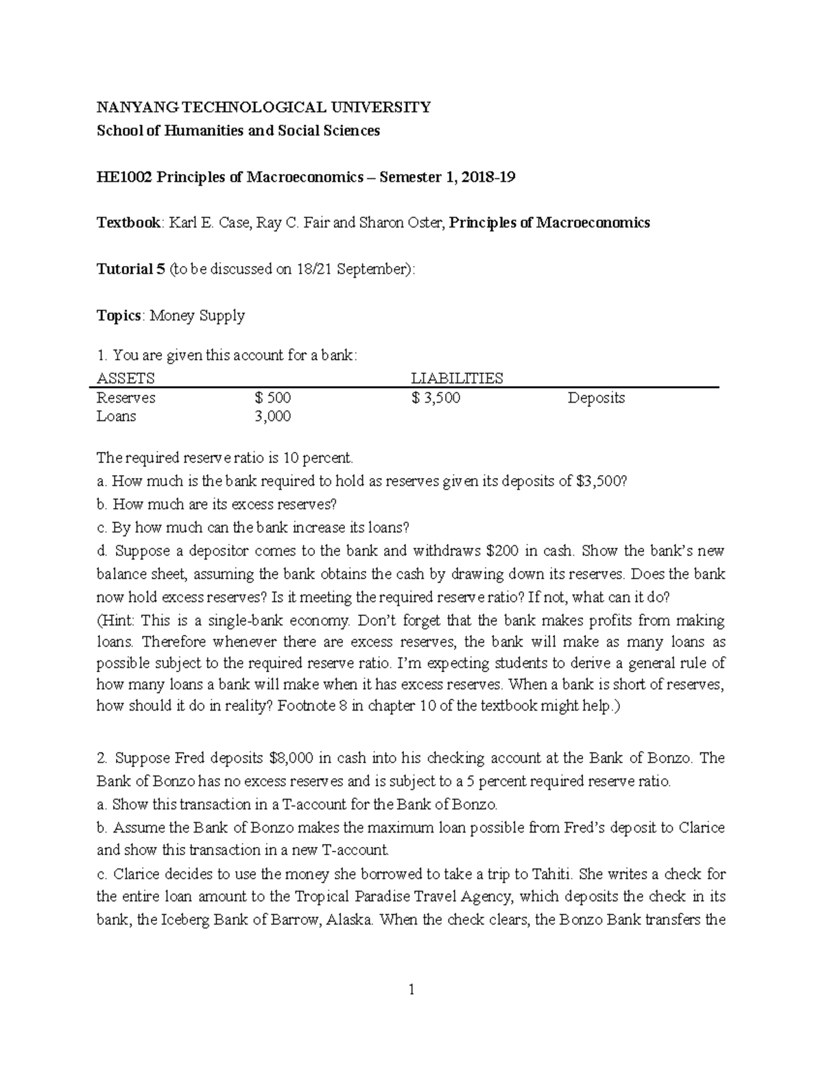 HE1002 Tutorial 5 Questions - NANYANG TECHNOLOGICAL UNIVERSITY School of Humanities and Social ...