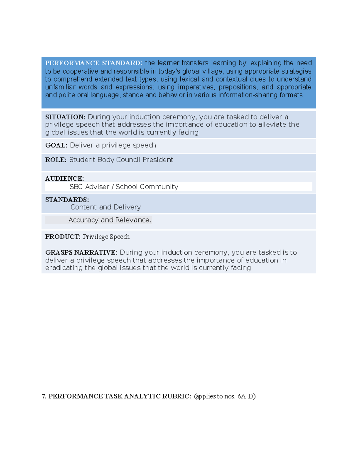 PEAC - fdfdsf - PERFORMANCE STANDARD: the learner transfers learning by ...