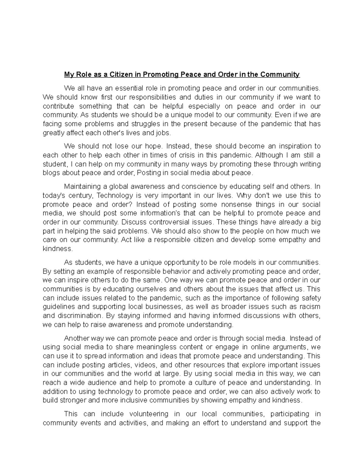 My Role as a Citizen in Promoting Peace and Order in the Community - We ...