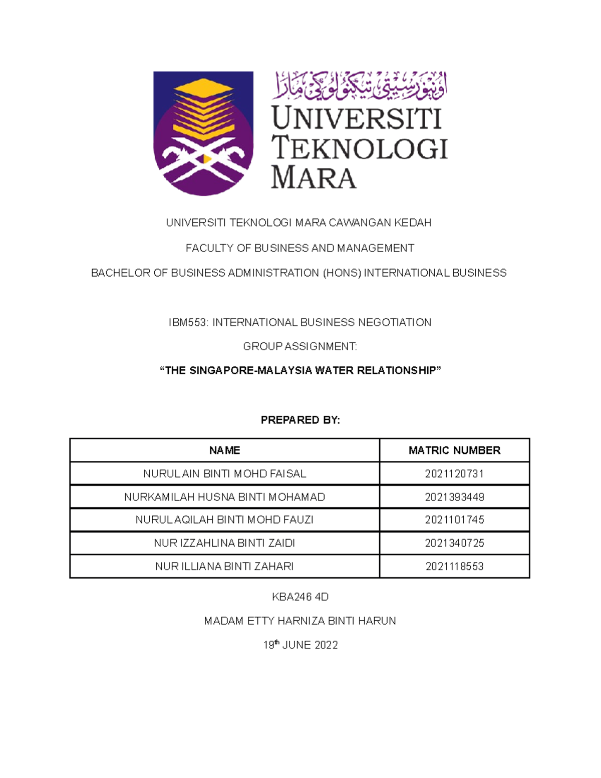 Assignment Group Report - UNIVERSITI TEKNOLOGI MARA CAWANGAN KEDAH ...