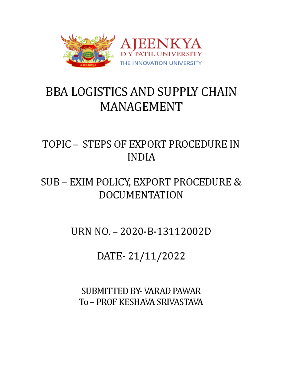 Export Procedure - BBA LOGISTICS AND SUPPLY CHAIN MANAGEMENT TOPIC ...
