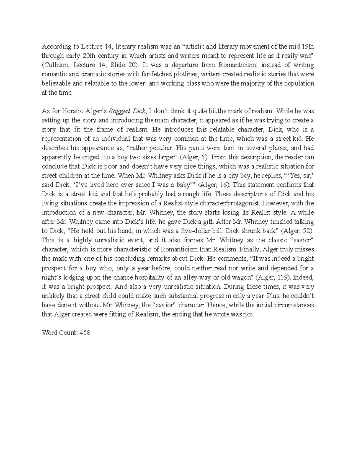 Lecture Response Realism - According to Lecture 14, literary realism ...