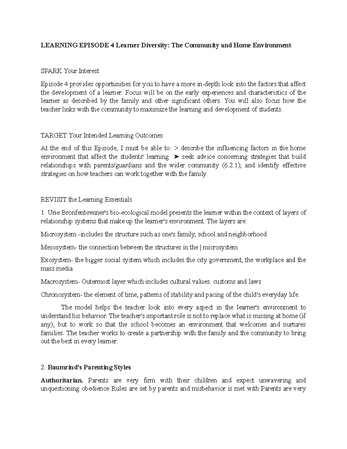 FS 1 Episode 4 - Field Study 1 - LEARNING EPISODE 4 Learner Diversity ...
