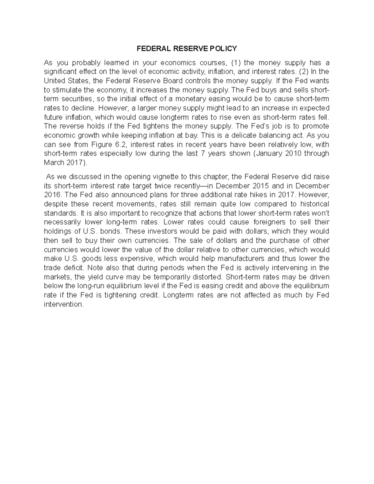 Lesson 10 Federal Reserve Policy - FEDERAL RESERVE POLICY As you ...