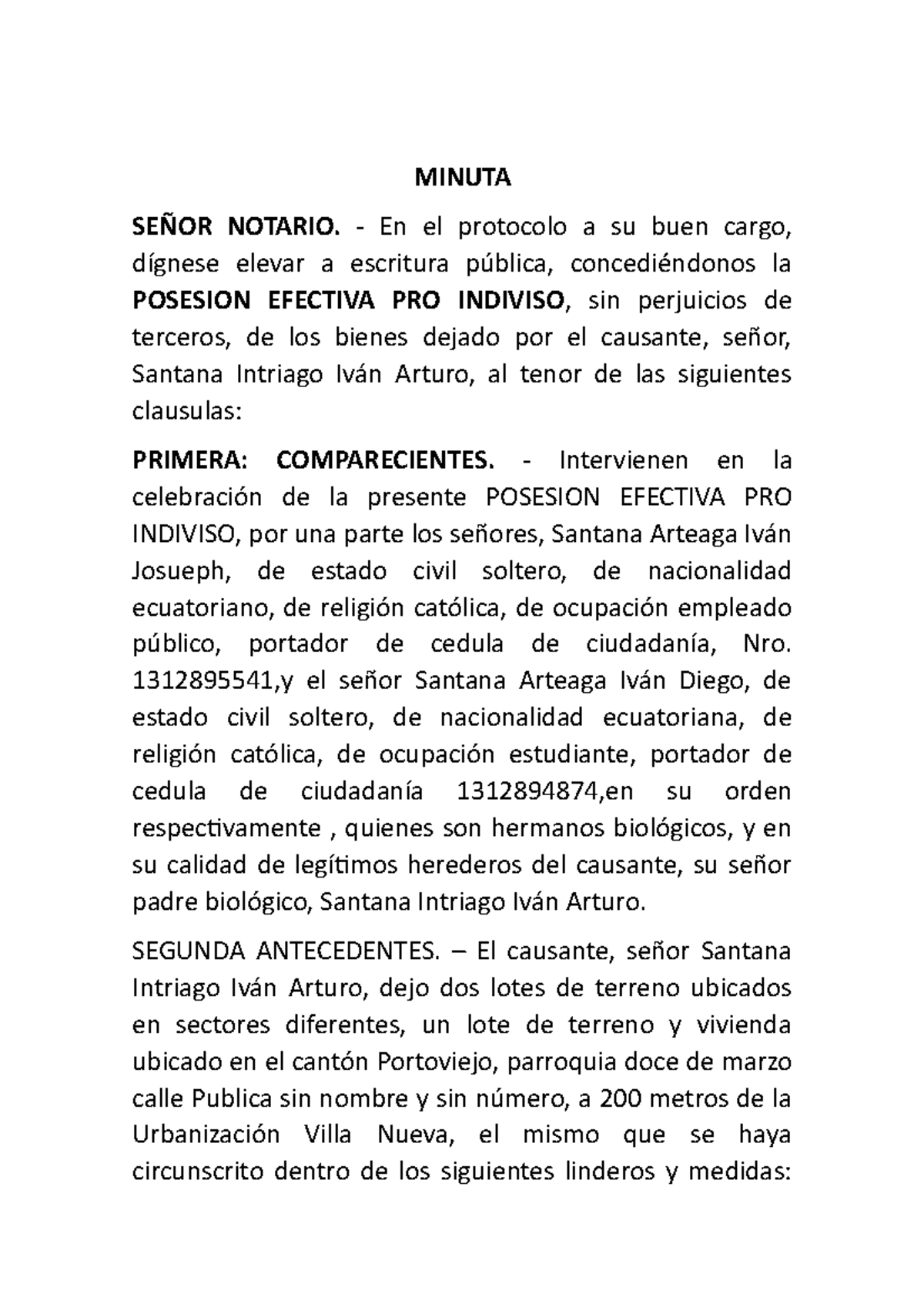 Minuta ivan posesion efectiva - MINUTA SEÑOR NOTARIO. - En el protocolo ...