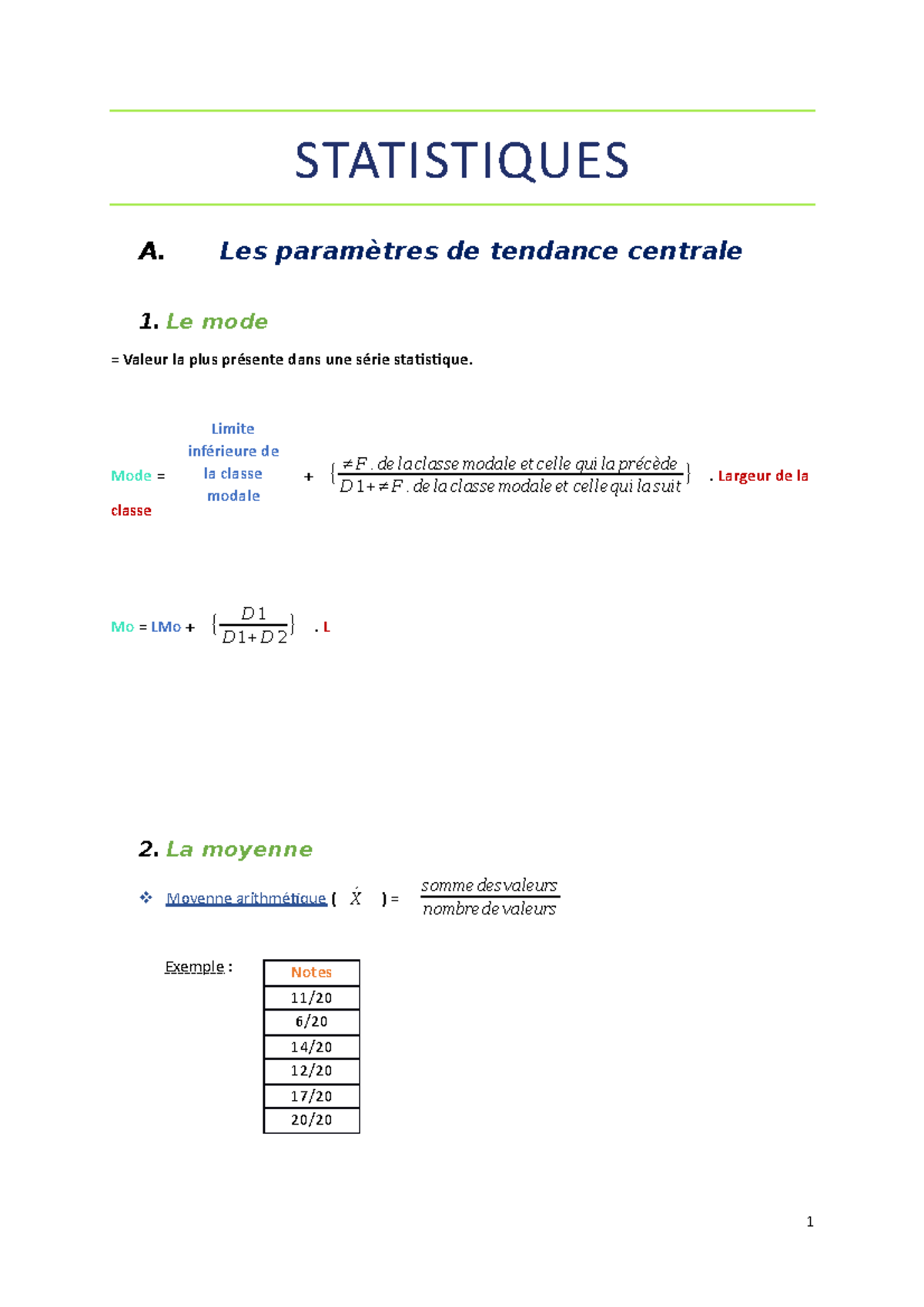 Statistiques théorie - STATISTIQUES A. Les paramètres de tendance ...