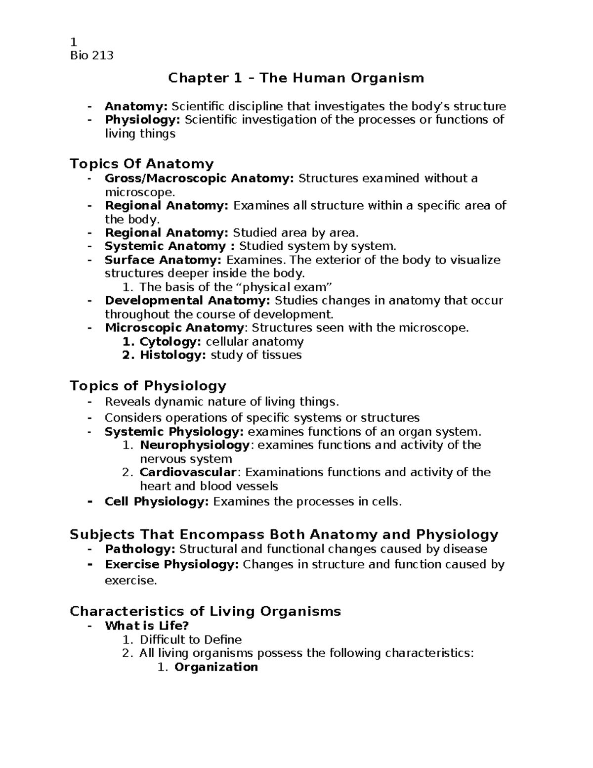 BIO 213 - Chapter 1 - Lecture - Bio 213 Chapter 1 – The Human Organism ...