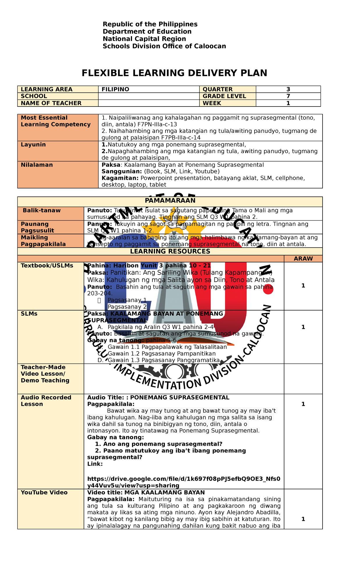 FLPD- Filipino-7-Q3 W1 - Republic of the Philippines Department of ...