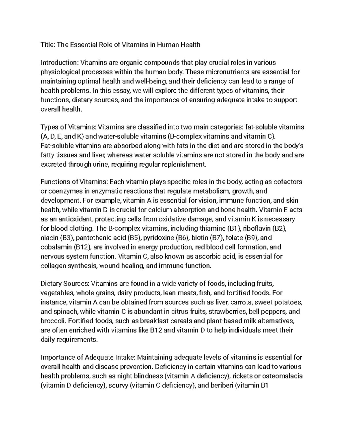 The Essential Role of Vitamins in Human Health - Title: The Essential ...