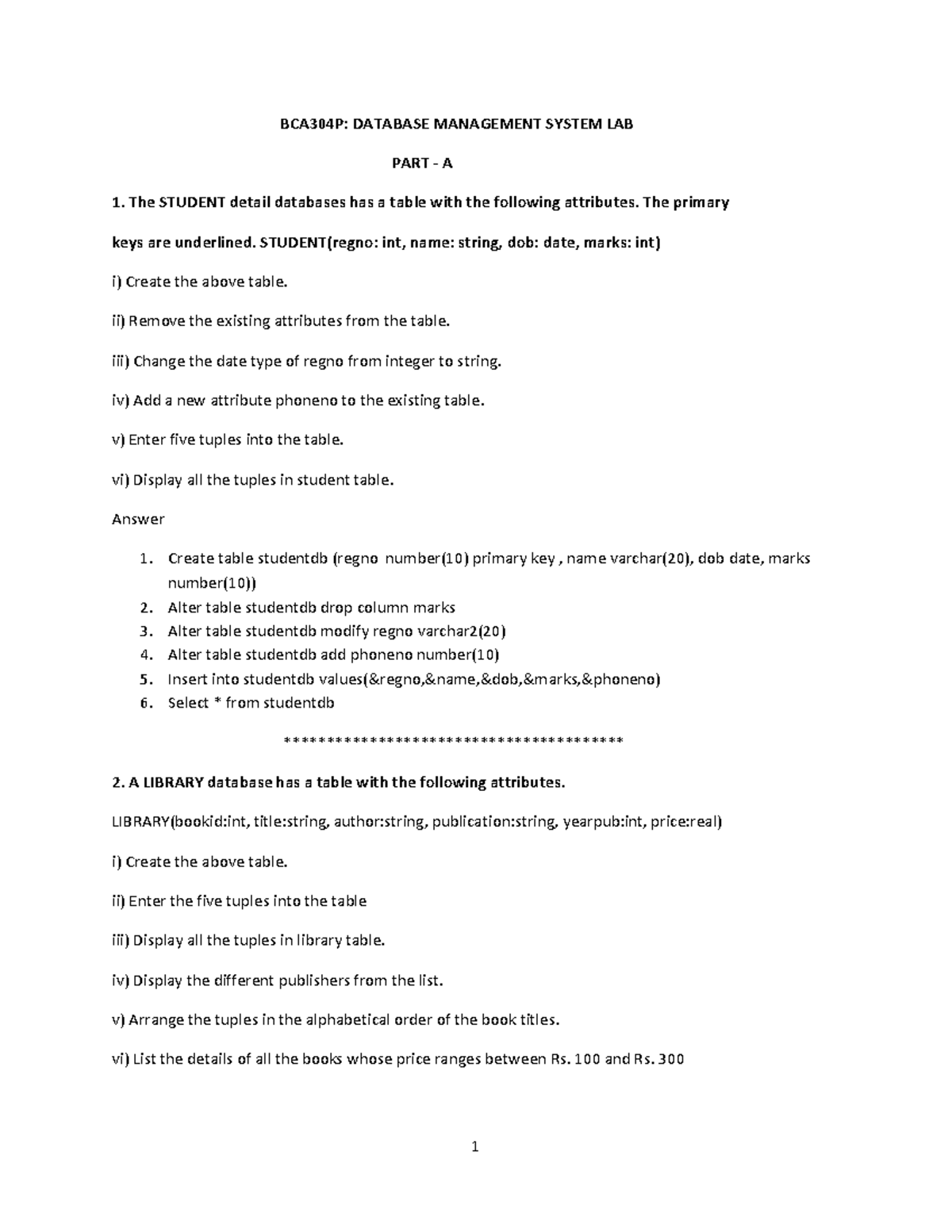 Dbms lab manuals - BCA304P: DATABASE MANAGEMENT SYSTEM LAB PART - A 1 ...