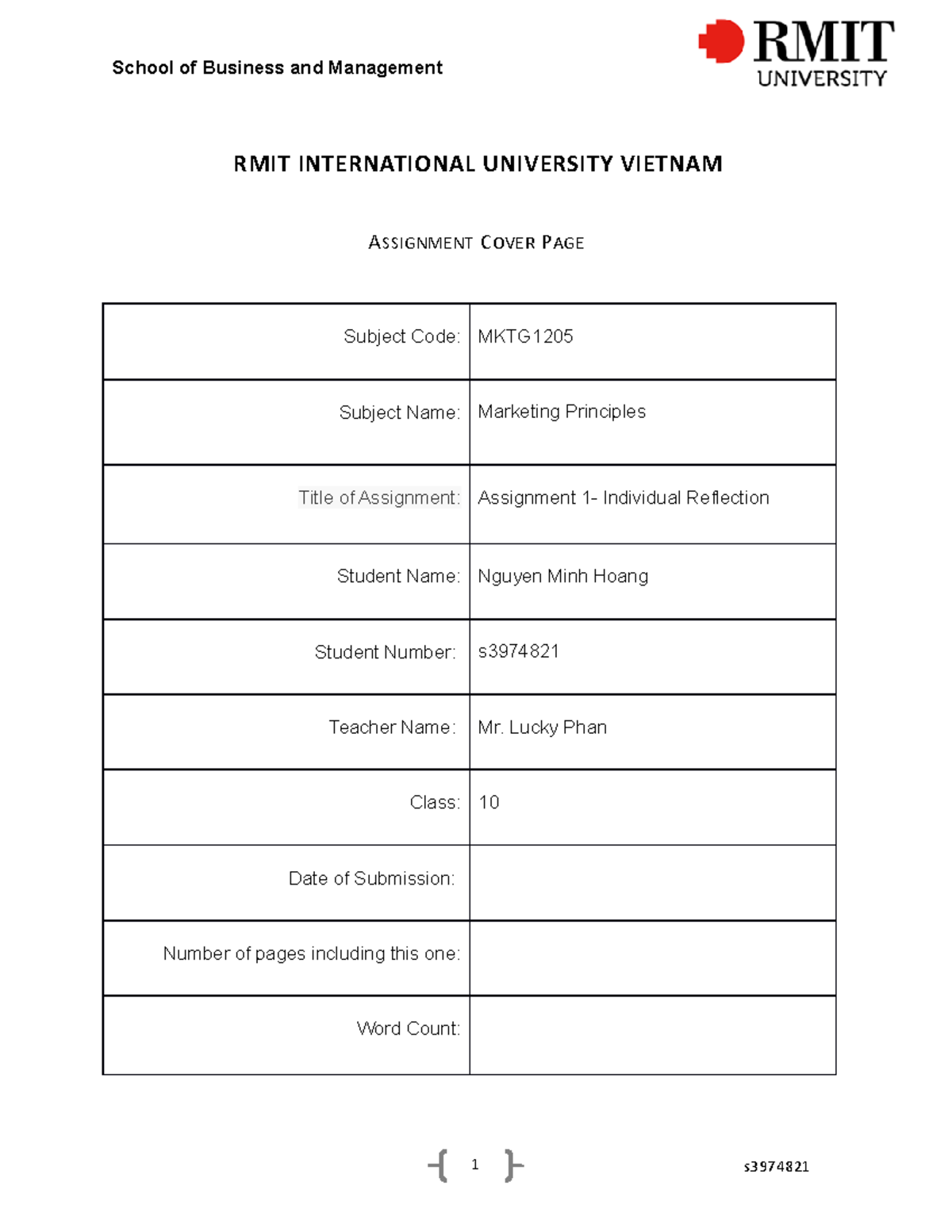 CoverSheet Asm 1 - School of Business and Management RMIT INTERNATIONAL ...
